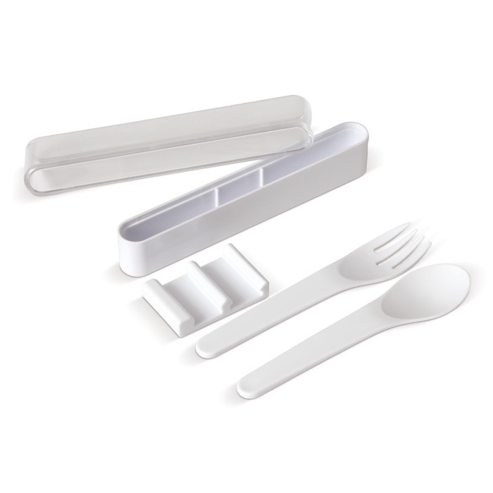 Transparante doos met witte plastic bestekset | Vanaf €1,24